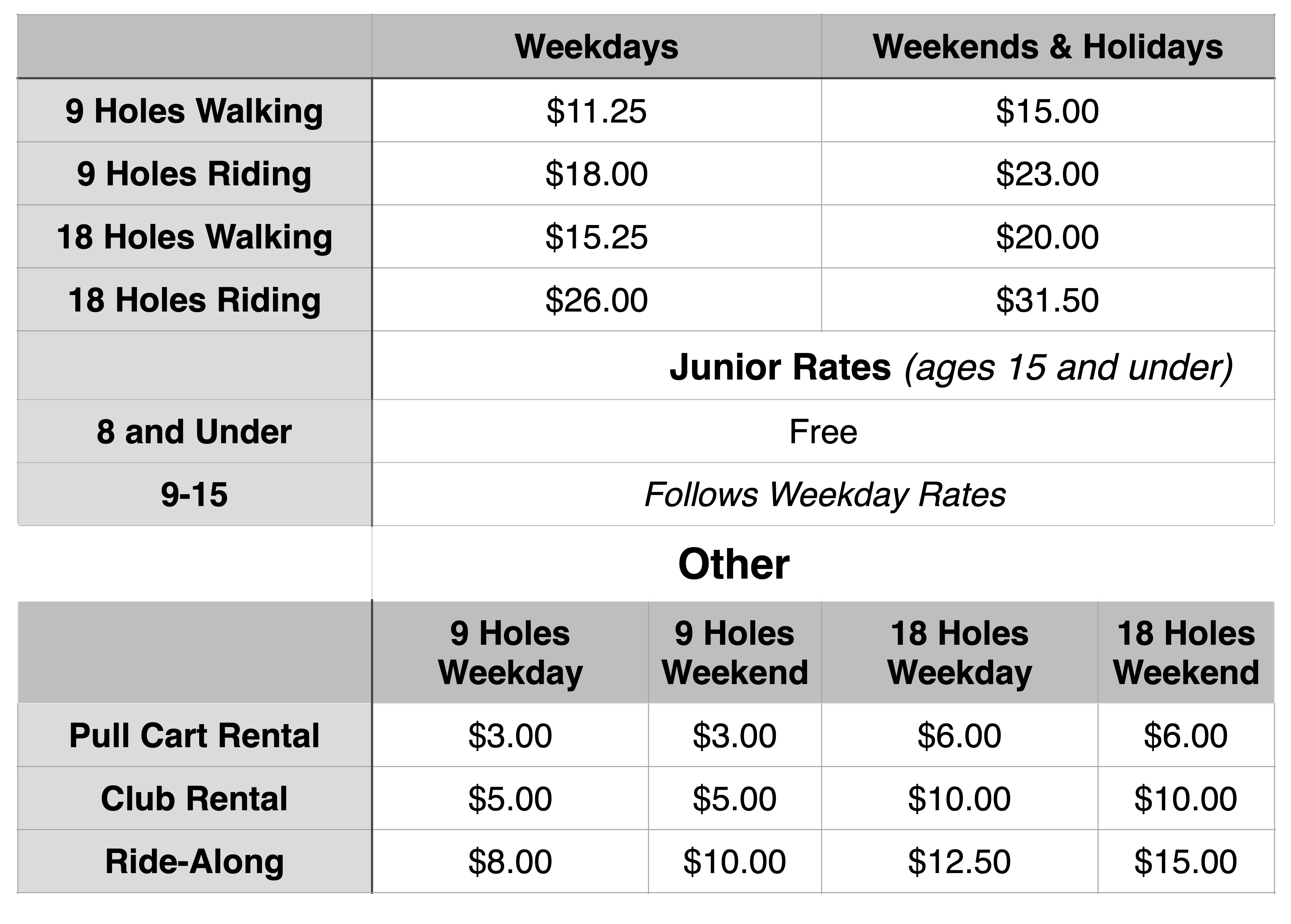 Golf Rates - Tree Top Golf Course