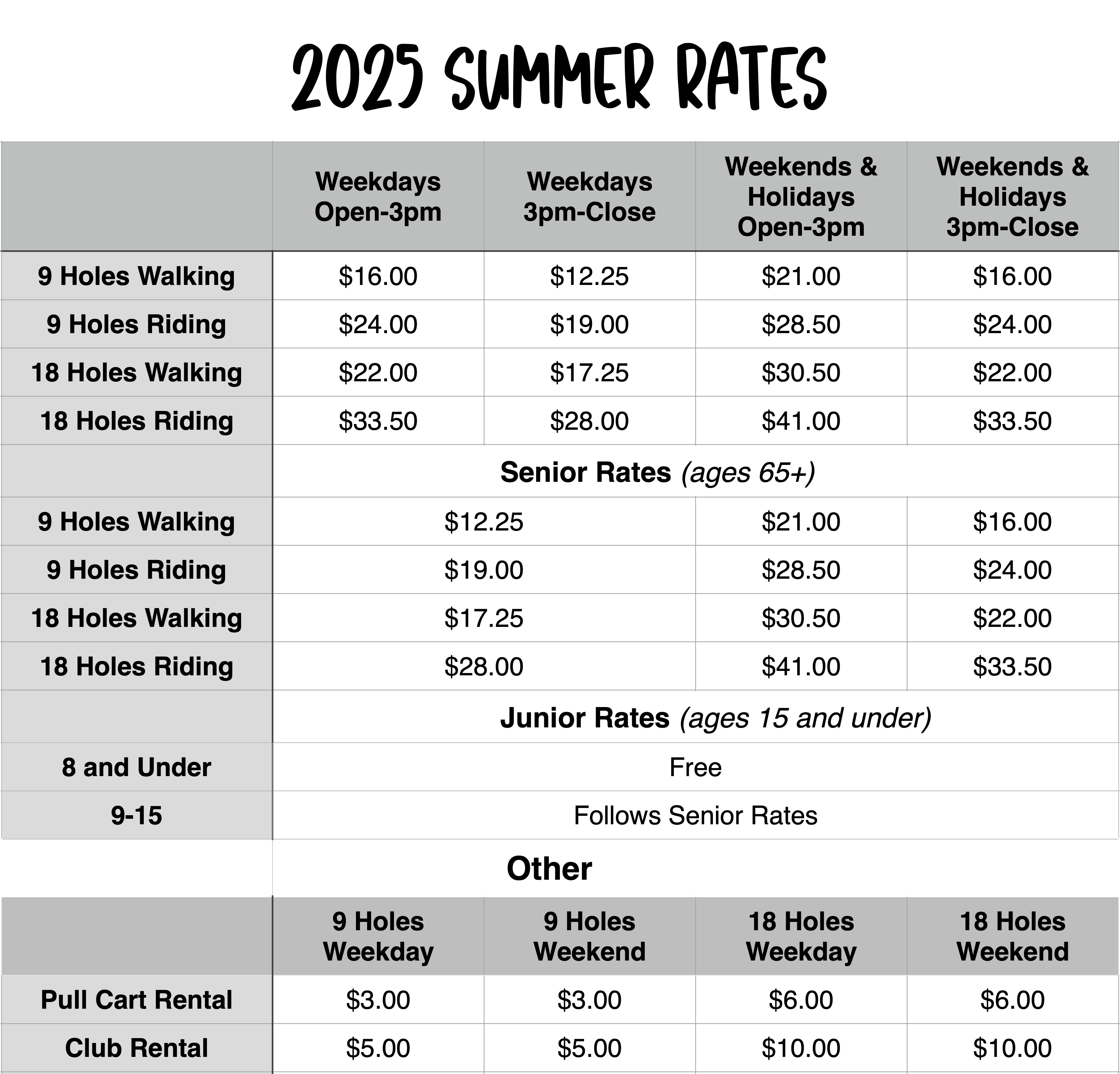 Golf Rates - Tree Top Golf Course